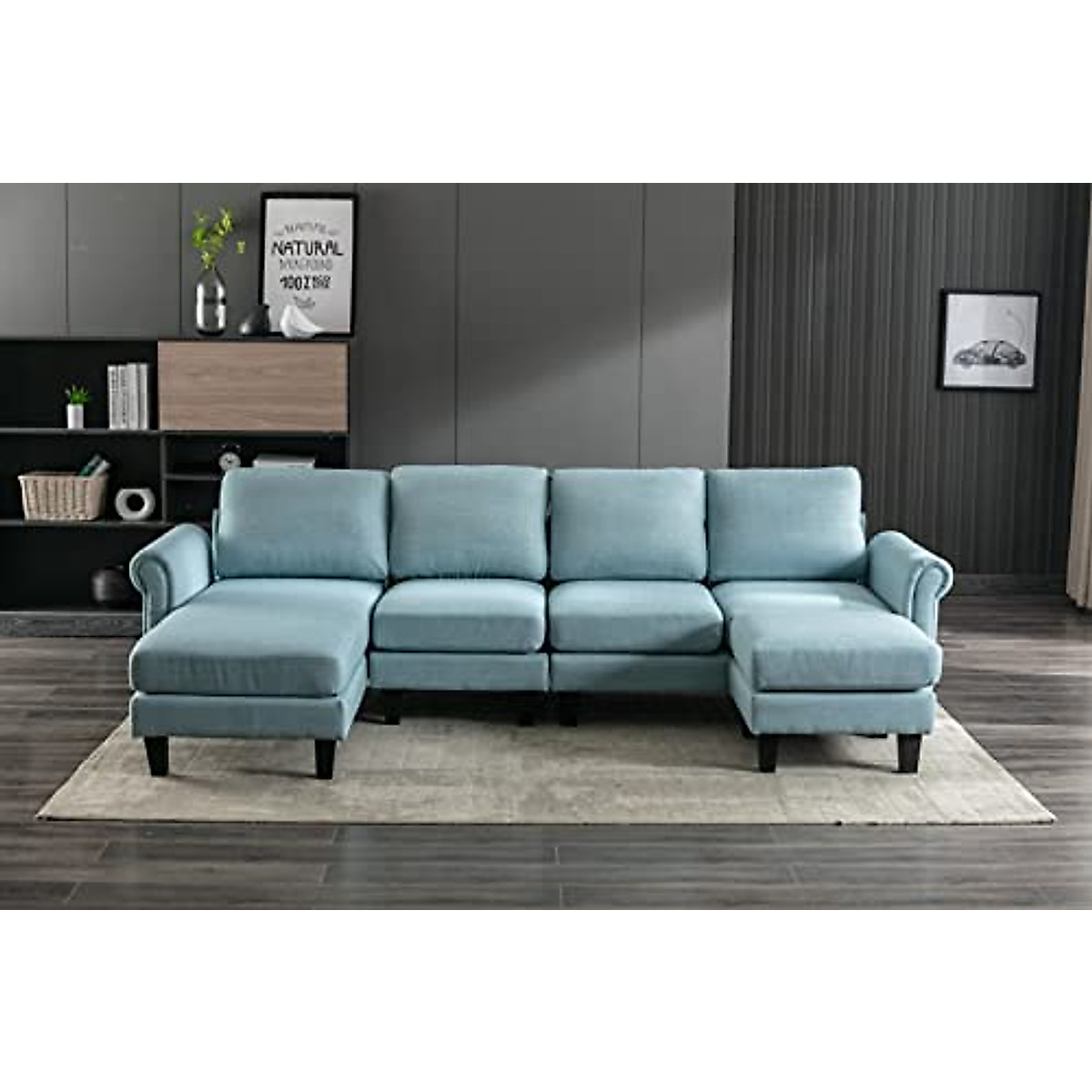 Eafurn U-Shaped Sectional Sofa w/Chaise Lounge and Movable Ottoman,108.66" Convertible Corner Couch,5 Seater Linen Upholstery Sofa&Couches with 2 Pillows for Living Room Furniture Sets, Light Blue