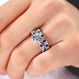 Jeulia 3 Carat CZ Solitaire Engagement Rings Halo Milgrain Heart Cut Sterling Silver Ring Set Promise Engagement Wedding Anniversary Rings Bridal Sets for Women (Blue, 7)