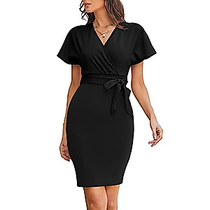 GRACE KARIN Wedding Guest Dresses for Women Elegant Wrap V Neck Ruched Work Business Bodycon Sheath Dress Black L