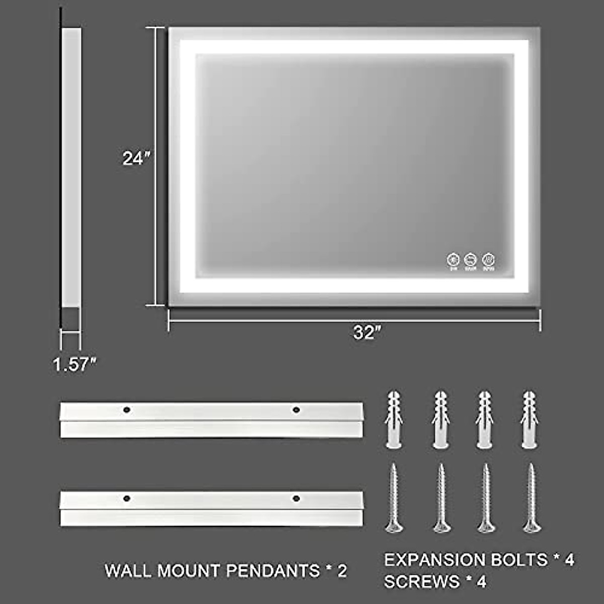 Butylux 32x24 inch Wall Mounted LED Bathroom Mirror with 3000K-6000K Dimmable, Anti-Fog, Lighted Bathroom Mirror with Smart Touch Button, Memory Function(Horizontal/Vertical)
