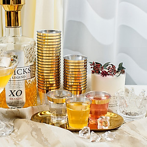 WELLIFE 200 PACK Plastic Clear and Gold Shot Glasses, 2OZ Disposable Shot Glasses, Small Hard Plastic Tumblers, Gold Tasting Sampling Cups, Mini Container Perfect for Whiskey for Party