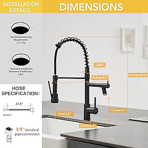 BESy 20 Inch Black Kitchen Faucet with Pull Down Sprayer, Dual Morden Commercial Rv Single Handle Single Hole Double Spout LED Spring Kitchen Sink Faucet with Pot Filler, Matte Black, Brass