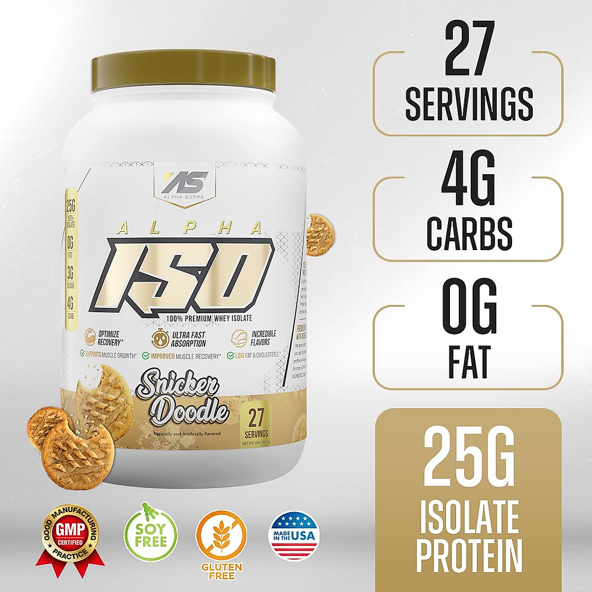 Alpha Supps ISO, Low Carb 100% Whey Protein Isolate Powder, 25 Grams Per Serving, Helps Support Muscle Growth, Low Sugar and Gluten Free (Snicker Doodle, 2 lb)