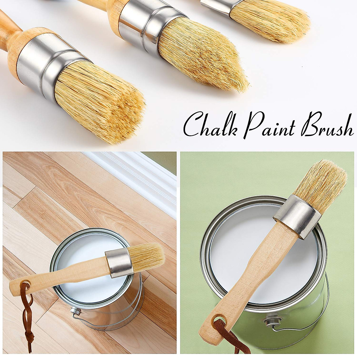 3 Pieces Chalk and Wax Paint Brushes Bristle Stencil Brushes for Wood Furniture Home Decor, Including Flat, Pointed and Round Chalked Paint Brushes (Burlywood)
