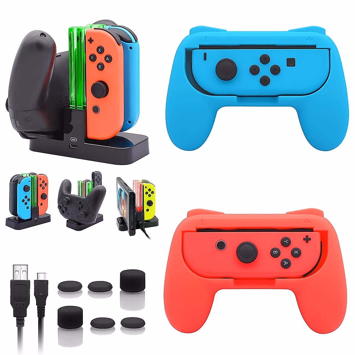 FASTSNAIL Charging Dock and 2 Pack Switch Grips Kit for Nintendo Switch Joy Con & OLED Model, Charger Stand Station with Charging Cable, Wear-Resistant Grip Controller with 6 Thumb Grip