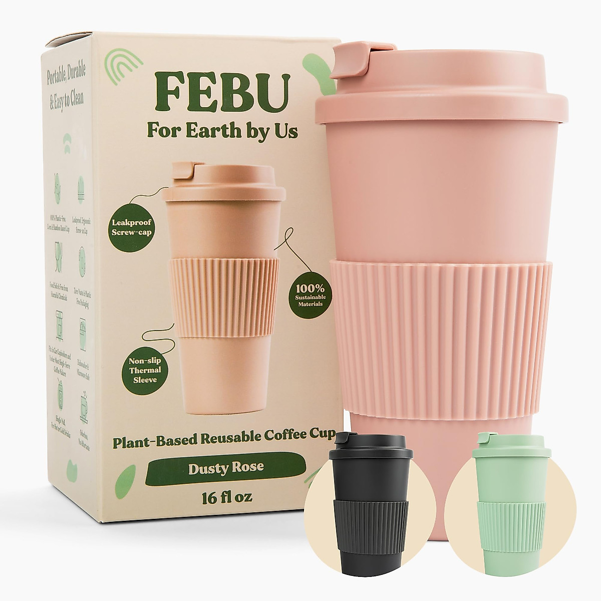 FEBU Plant-Based Reusable Coffee Cup with Lid and Sleeve | 16oz, Dusty Rose | Portable Travel Mug made from Bamboo | Dishwasher Safe, Zero Waste, Plastic Free with Leak-Proof Screw-on Lid