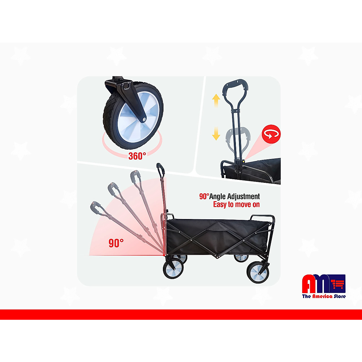 AM The America Store - Collapsible Foldable Wagon, Beach Cart Large Capacity, Heavy Duty Folding Wagon Portable, Collapsible Wagon for Sports, Shopping, Camping (Black)