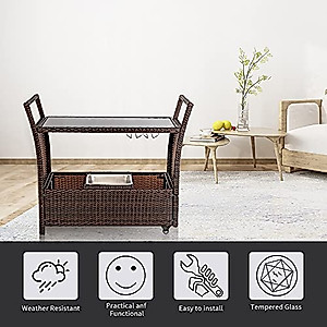 LIRUXUN Outdoor Patio Furniture Set Outdoor Patio Wicker Rattan Serving Bar Cart with Ice Bucket Wine Rack Brown