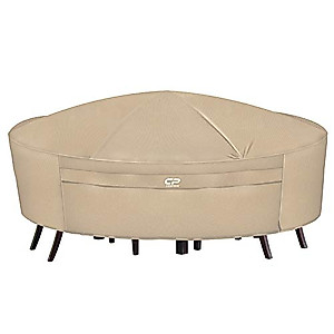 CAMPROS Rectangular/Oval Patio Furniture Cover with Roof Pole, Waterproof Outdoor Table Chair Set Covers, Fade Resistant Cover for Outdoor Furniture Set, UV Resistant, 134" L x 84" W x 56" H - Beige