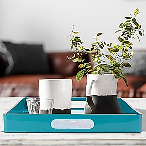 MAONAME Blue Decorative Tray, Plastic Serving Tray with Handles, Coffee Table Tray with Tempered Glass Film, Rectangle Ottoman Tray for Living Room, Bathroom, 15.7” x 10.2”