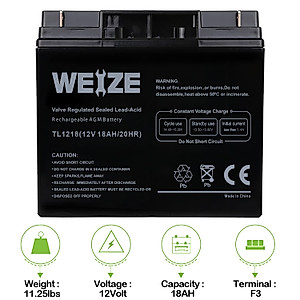 WEIZE 12V 18AH Battery with Nut and Bolt (NB) Terminal, Sealed Lead Acid Rechargeable SLA AGM Batteries Replaces UB12180 FM12180 6fm18