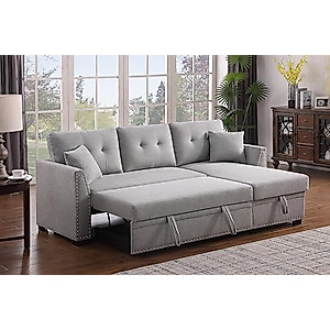 Generic Sleeper Sofa, Sofa Bed- 2 in 1 Pull Out Couch Bed with Storage Chaise with 2 Pillows for Living Room, Linen Fabric Sofa Sleeper with Pull Out Bed Couch,Light Grey