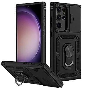 JDHDL for Galaxy S23 Ultra Case with Slide Camera Cover, Built-in Finger Ring Kickstand, Dual Layer Shockproof Protective Phone Case for Samsung Galaxy S23 Ultra 6.8" 2023 Release (Black)