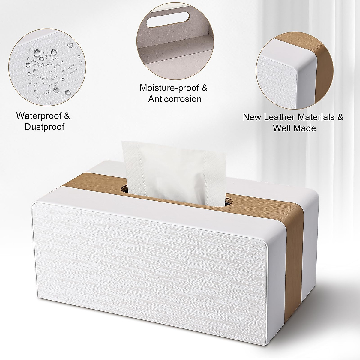 Tissue Box Cover, New PU Leather Kleenex Box Covers Rectangular Tissue Holder for Home/Office/Car Decoration 9.84"X5.59"X4.13" - Light Luxury Peach&White