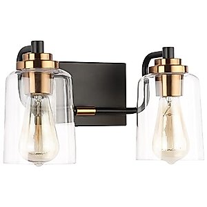 SOLFART Vintage Wall Bathroom Vanity Light Black Metal with Clear Glass Bronze Fixtures Wall Mount Lighting Sconce (2 Lights)