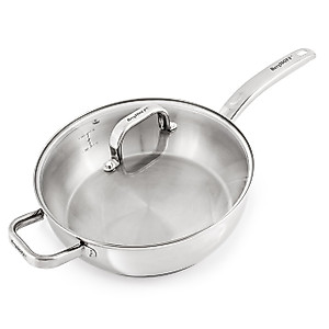 Berghoff Belly Shape 18/10 Stainless Steel 9.5 Inches Deep Skillet 3.2qt., Glass Lid, Fast, Evenly Heat, Induction Cooktop Ready