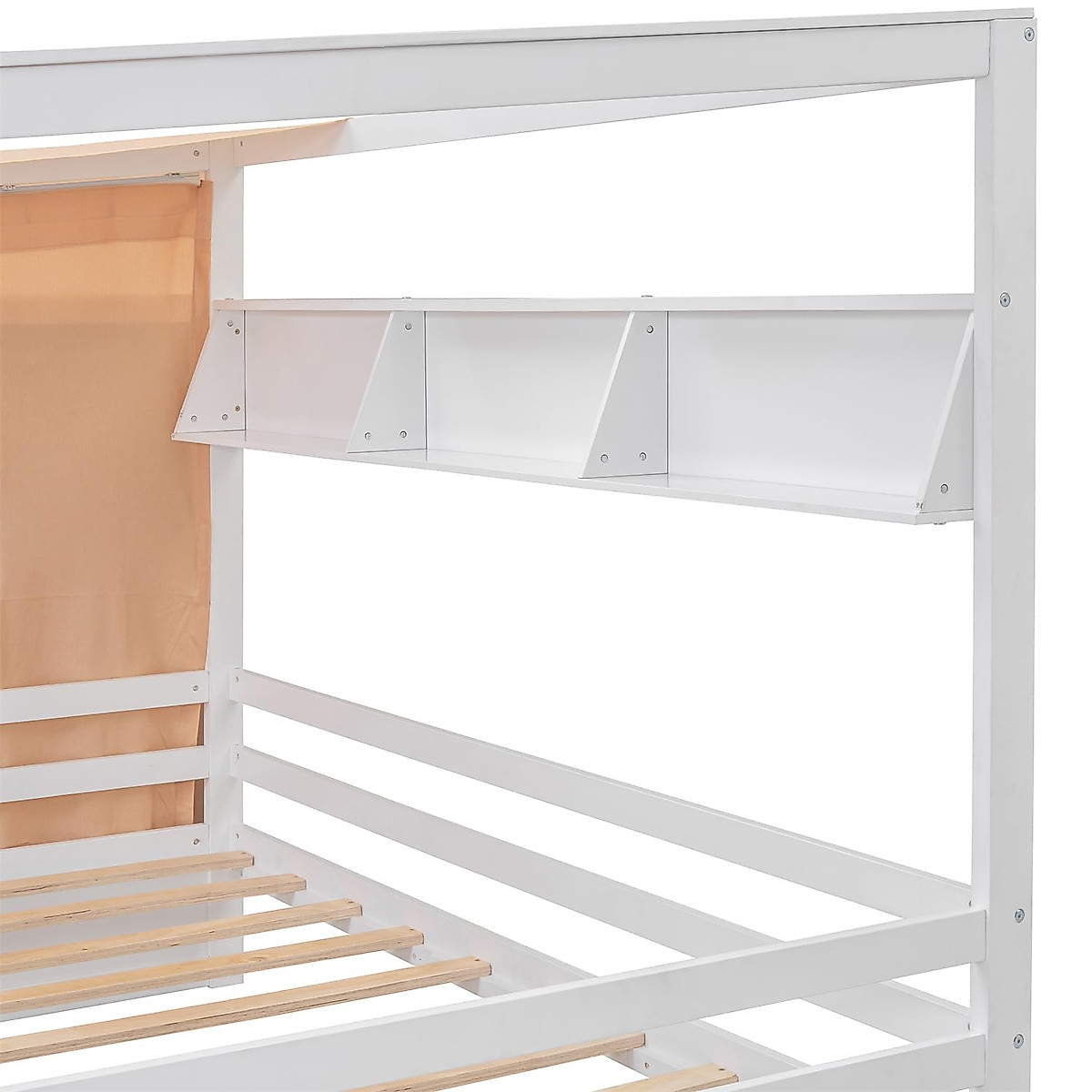 Linique Full Size House Bed with Wardrobe, Storage Drawers and Bookshelf, Solid Wood Bed Frame with Tent, White
