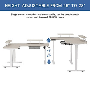 bilbil L Shaped Electric Standing Desk with Drawer, 62x47 Inches Adjustable Height Sit Stand Up Desk with Storage Shelf, Pale Pearwood Top/White Frame
