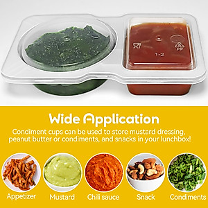 Nufiwra 8Pcs Double Compartment Condiment Containers with Lids, Reusable Plastic Snack Containers for To-Go Sauces, Sampling, Travel Snacks, Disposable 2-Compartment Snack Cups
