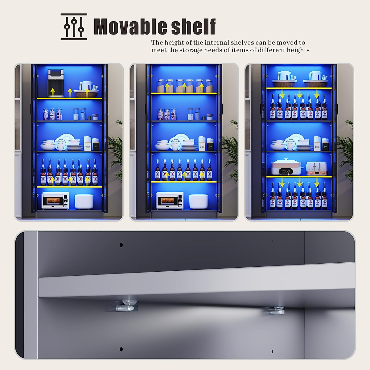 Storage Cabinet with Doors Adjustable Shelves - 65" Grey Tall Kitchen Pantry Organizer with Metal Handle/LED Lights/Human Sensor - 5 Tier Display Bookcase for Bedroom Living Room Office