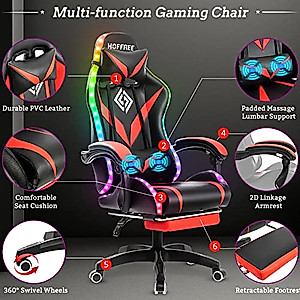 HOFFREE Gaming Chair Massage with Bluetooth Speakers and Lights Ergonomic Computer Gaming Chair with Footrest LED RGB Lights Music Video Game Chair with High Back Lumbar Support Red and Black