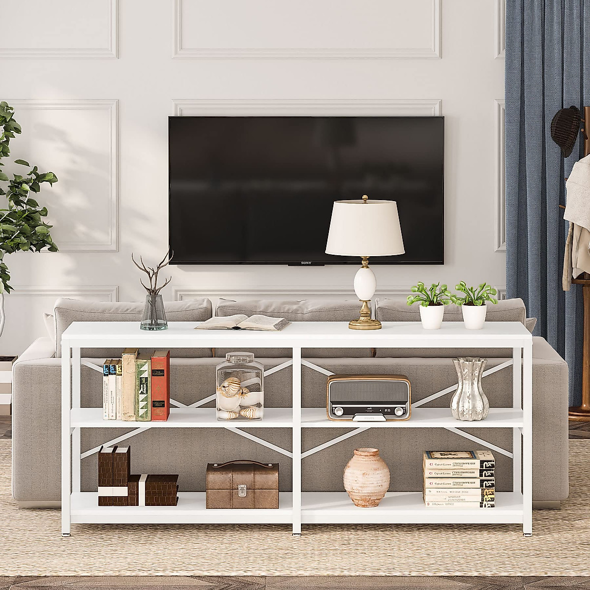 Tribesigns 70.9 Inch Extra Long Console Table, Modern Sofa Table Behind Couch Table with Storage Shelves, 3-Tier Industrial Hallway Entryway Table for Living Room, 3 Shelf Bookshelf(White)
