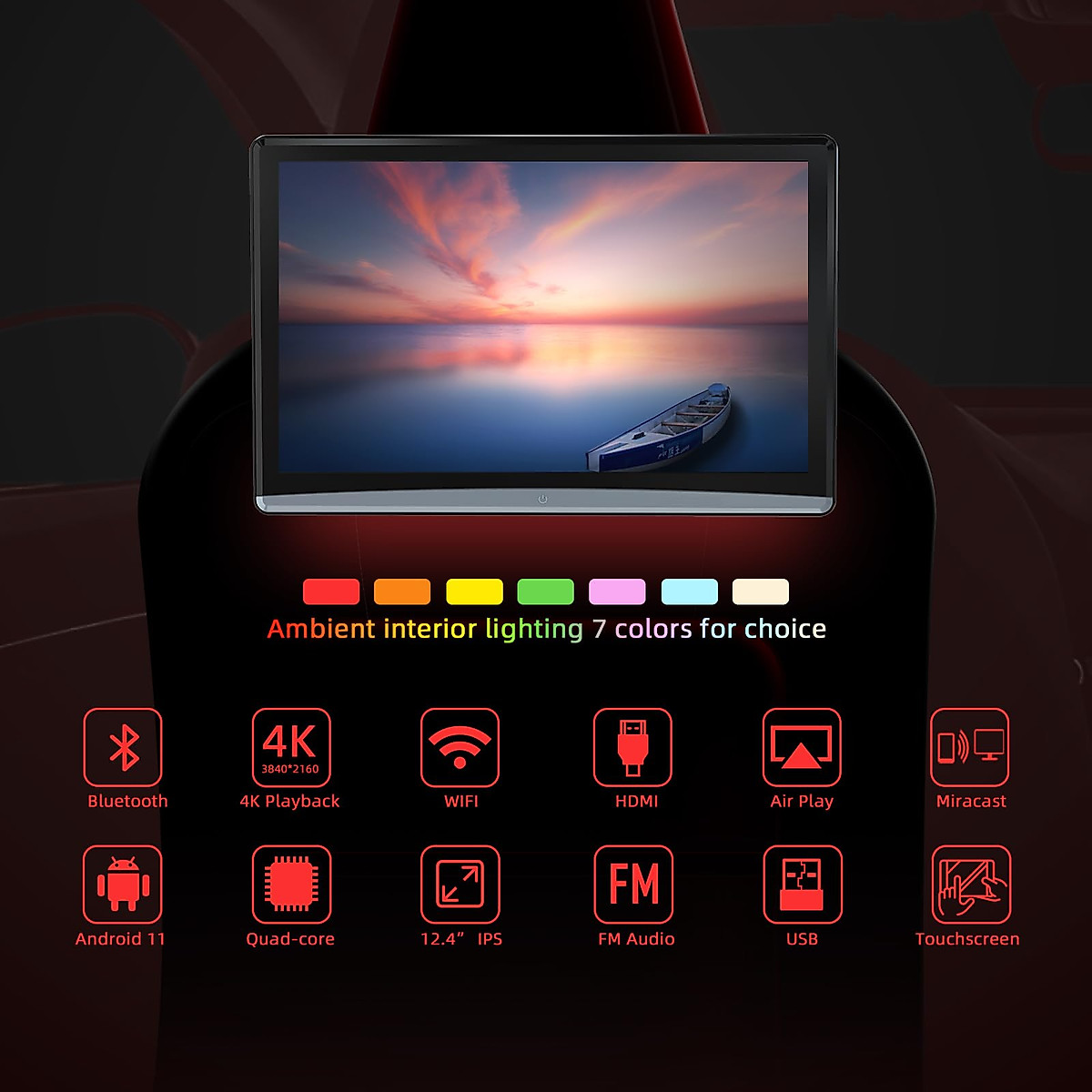 Kaskawise Android 11 Car Tvs for Back Seat,2G+32G Headrest Monitor Tablet with 12.4" Touch Screen,Portable TV Headrest Video Player,Support Mirror Link/4K/WiFi/Bluetooth/HDMI in/Out/USB/FM-124A