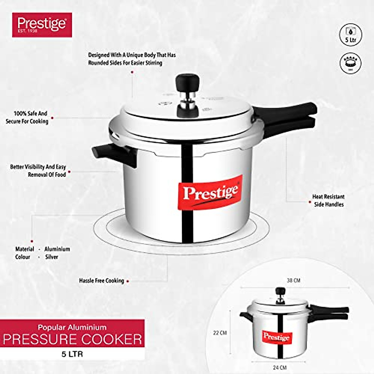 Prestige Popular Pressure Cooker, 5 L, Silver
