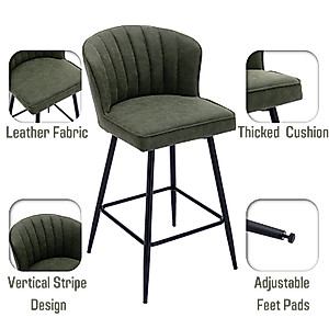 CIMOO Green Leather Bar Stools Set of 2 Mid Century Modern Counter Stools 26 Inch Counter Height Stool Chairs Upholstered Kitchen Island Chairs with Back, PU Faux Letaher