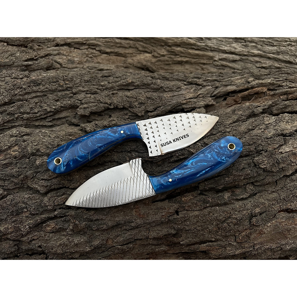 SUSA KNIVES Custom Handmade Excellent Farrier Rasp Bull Cutter knives horse file steel bull cutter knife, cowboy skinner knife with pancake leather sheath (BLUE)