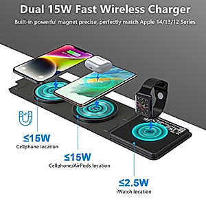 [Dual 15W] Foldable Fast Wireless Charger, 3 in 1 Travel Magnetic Wireless Charger, Wireless Charging Pad Compatible with Mag-Safe Charger for iPhone 14/13/12, Samsung Galaxy, Apple Watch, AirPods Pro
