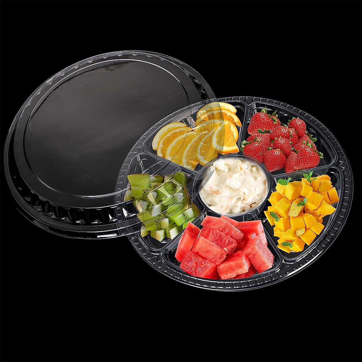 Lawei 30 Pack 12.5 Inch Plastic Appetizer Tray with Lid, 6 Sectional Round Plastic Serving Tray, PET Food Serving Dip Platter, Disposable Fruit Vegetable Trays Storage Containers for Party Buffet