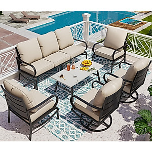 PHI VILLA 6 Piece Patio Furniture Sets with 1 x 3 Seater Padded Deep Seating Bench, 2 x Swivel Cushioned Sofa Chairs, 2 x Leg Sofa Chairs and 1 x Coffee Table, Outdoor Metal Furniture Set for 7