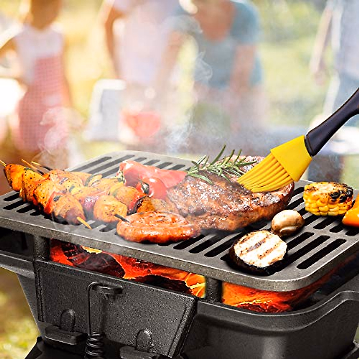 ORALNER Cast Iron Hibachi Grill, Portable Tabletop Grill with Double-Sided Grill Net, 2 Heights, Air Control & Coal Door, Small Outdoor BBQ Charcoal Grills, for Camping, Picnic