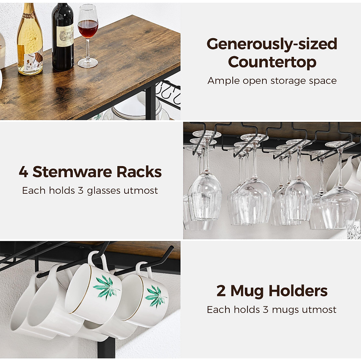 Yaheetech Wine Rack Table with Glass Holder, Industrial Wine Bar Cabinet with 25-Bottle Wine Storage and 6 Hooks, Coffee Bar Table Liquor Cabinet for Bar, Buffet, Living Room, Kitchen, Rustic Brown