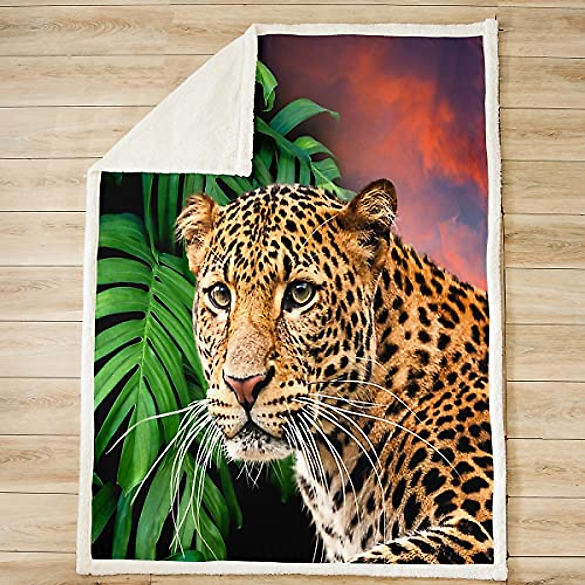 Leopard Plush Blanket Safari Cheetah Print Fuzzy Blanket for Sofa Couch Bed Youth 3D Wild Animal Fleece Throw Blanket Leopard Green Tropical Leaves Sherpa Blanket Nature Room Decor Twin 60"x80"