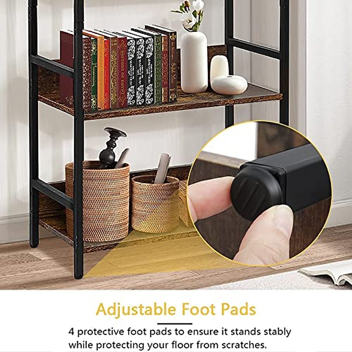 VANSPACE Bookshelf 4 Tier Industrial Bookcase Rustic Wood and Metal Standing Bookshelf with Back Panel Book Shelf for Bedroom, Home Office Storage Rack Shelf, Rustic Brown