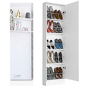 Ymlpre Full Length Mirror Shoe Rack, Wooden Standing Shoe Organizer, Five Internal Shelves, One-Door Shoe Cabinet for Entryway, Bedroom & Hallway, 18.5”W x 7.4”D x 66.9”H, White