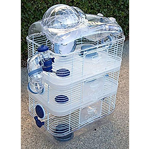 New Sparkle 4 Solid Floor Levels Habitat Hamster Rodent Gerbil Mouse Mice Cage with Large Running Ball On Top *Clear Transparent* (Blue)