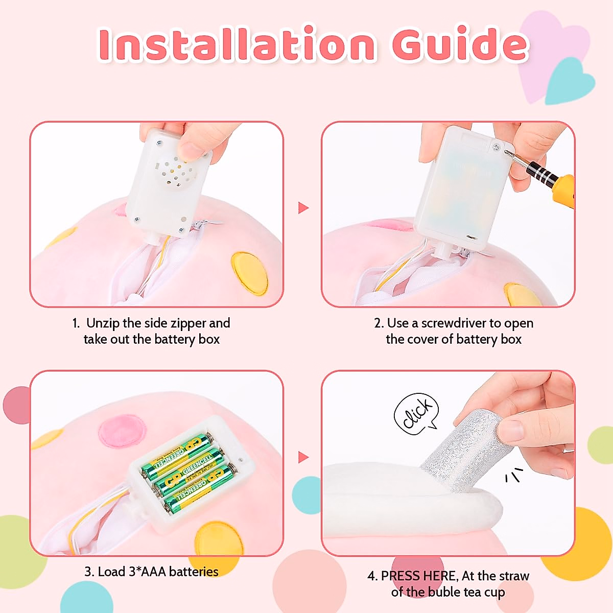 AIXINI Light up Boba Stuffed Plush Bubble Tea Pillow with LED Colorful Pearls Night Lights Glowing Super Soft-Pink,13.7''