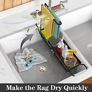 Sink Caddy, Expandable Kitchen Sink Organizer,Stainless Steel Sponge Holder for Kitchen Sink,Over Sink Kitchen Caddy with Dishcloth Towel Holder,Telescopic Sink Rack for Soap,Scrubber Brush (Black)