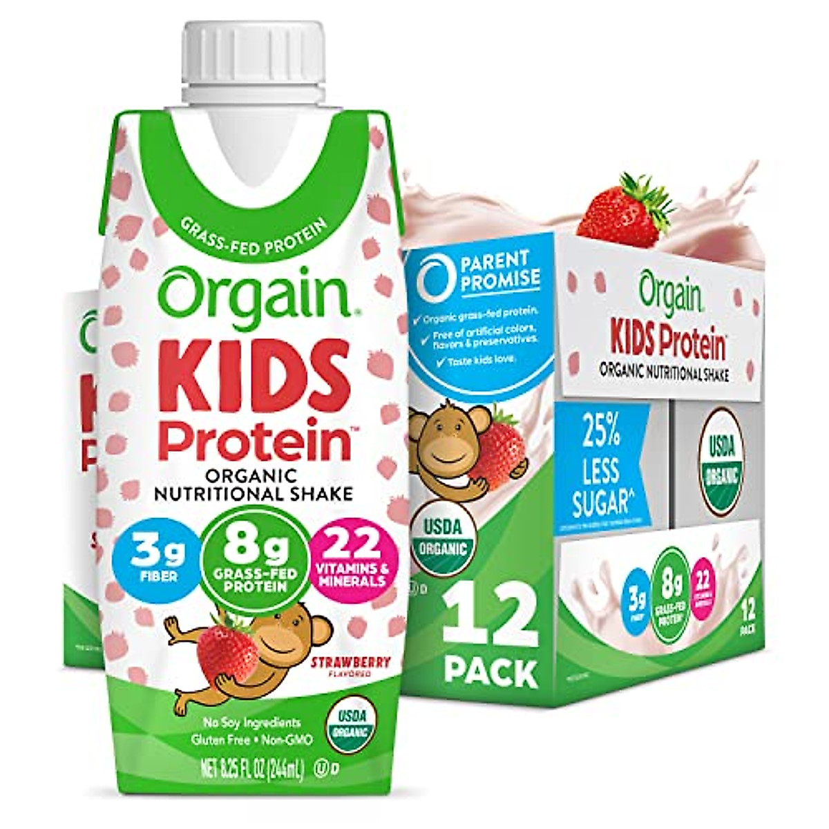 Orgain Organic Kids Protein Nutritional Shake, Strawberry - 8g of Protein, 22 Vitamins & Minerals, Fruits & Vegetables, Gluten Free, Soy Free, Kosher, Non-GMO, 8.25 Fl Oz (Pack of 12)