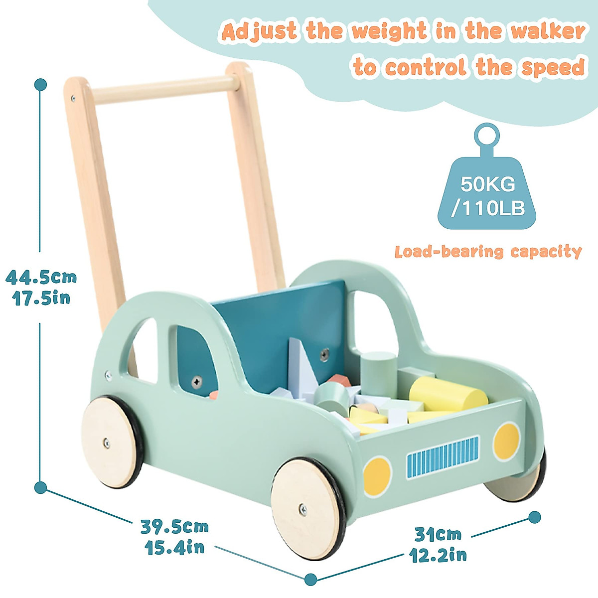 labebe Kids Push Activity Walker Wooden Baby Walker Toy for Boys/Girls with 54 Wooden Blocks, Toddler Sit to Stand Walking Wagon 12M+