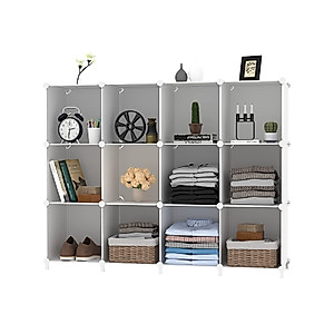 AWTATOS Cube Storage Organizer Modular Storage 12 Cube Bookshelf DIY Plastic Closet Clothes Storage Shelves with Wooden Mallet, Stackable Storage Solution for Home, Office, Bedroom, White