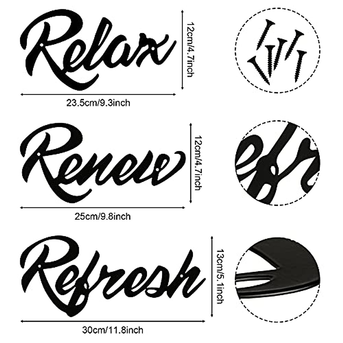 Hotop 3 Pieces Farmhouse Bathroom Metal Wall/ Letter Sign Decor Relax Renew Refresh Metal Sign Wall Art Decor Black Metal Bathroom Wall Decor for Home Decoration