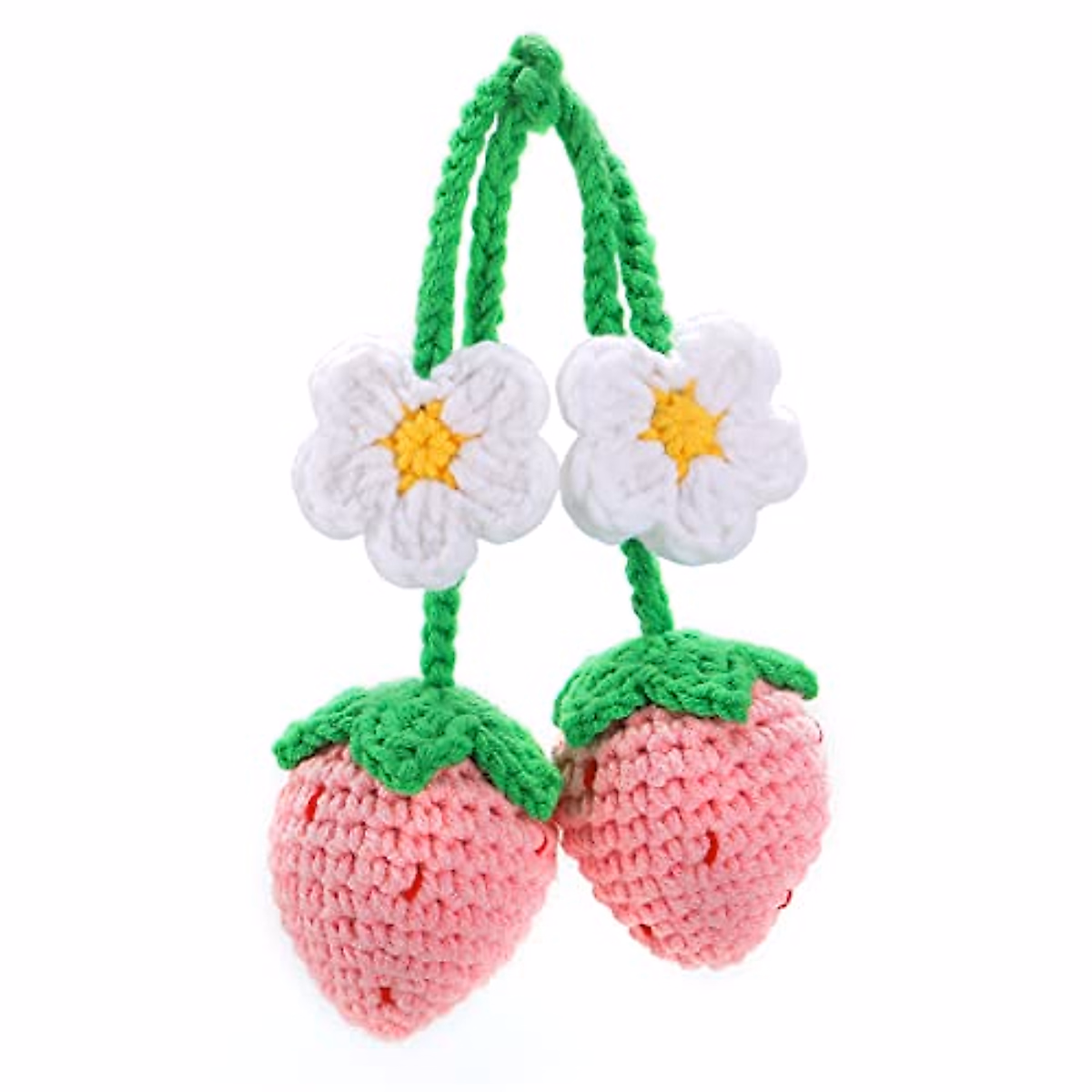 2 PCs Cute Crochet Strawberry Hanging Ornament for Car Rearview Mirrior Decor, Hanging Charms Accessories, Pendant Fruit for Gift-Handmade Knitted (Pink)