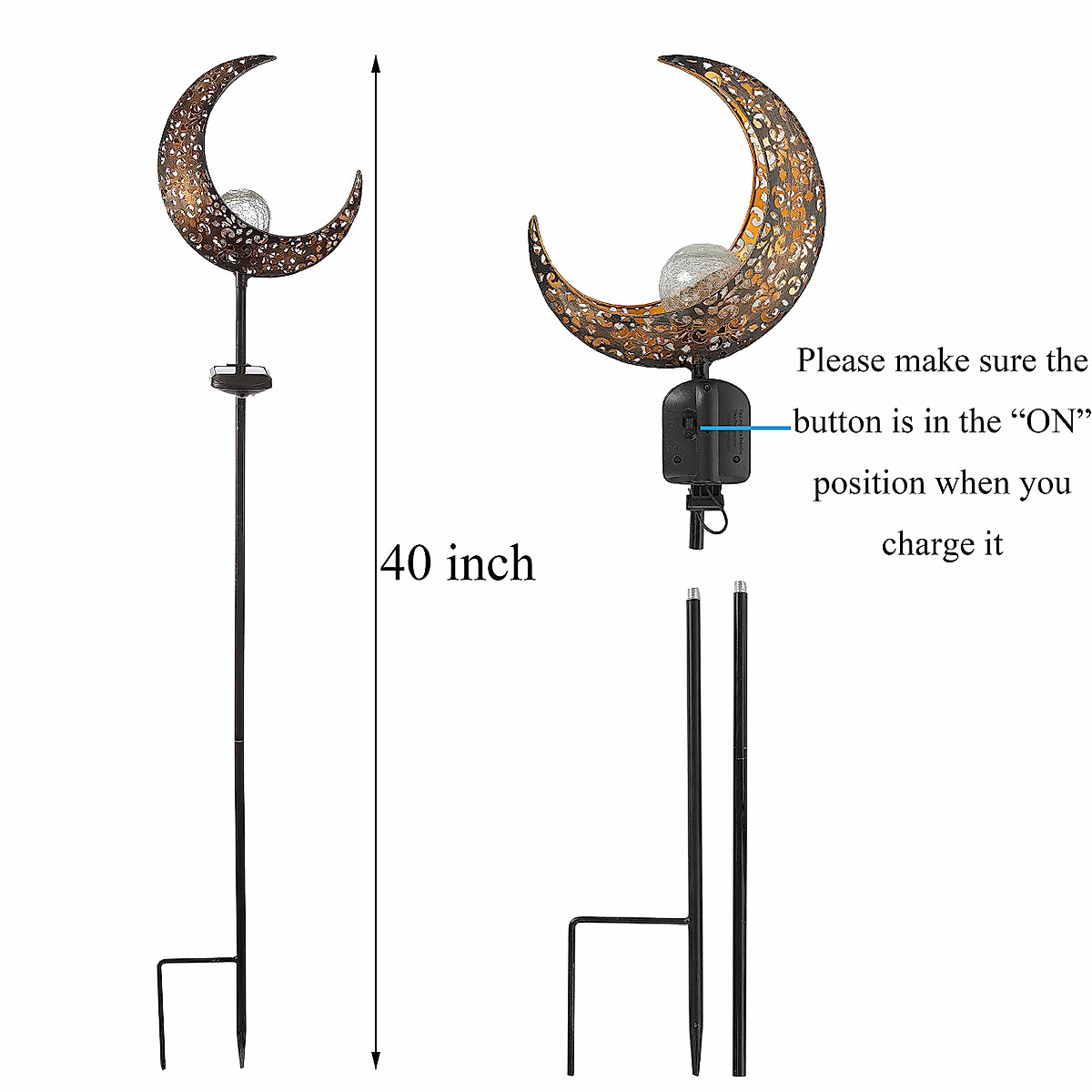 Joyathome Garden Solar Stake Lights Pathway Outdoor Moon Crackle Glass Globe Stake Metal Lights, Waterproof Warm White LED for Lawn, Patio or Courtyard