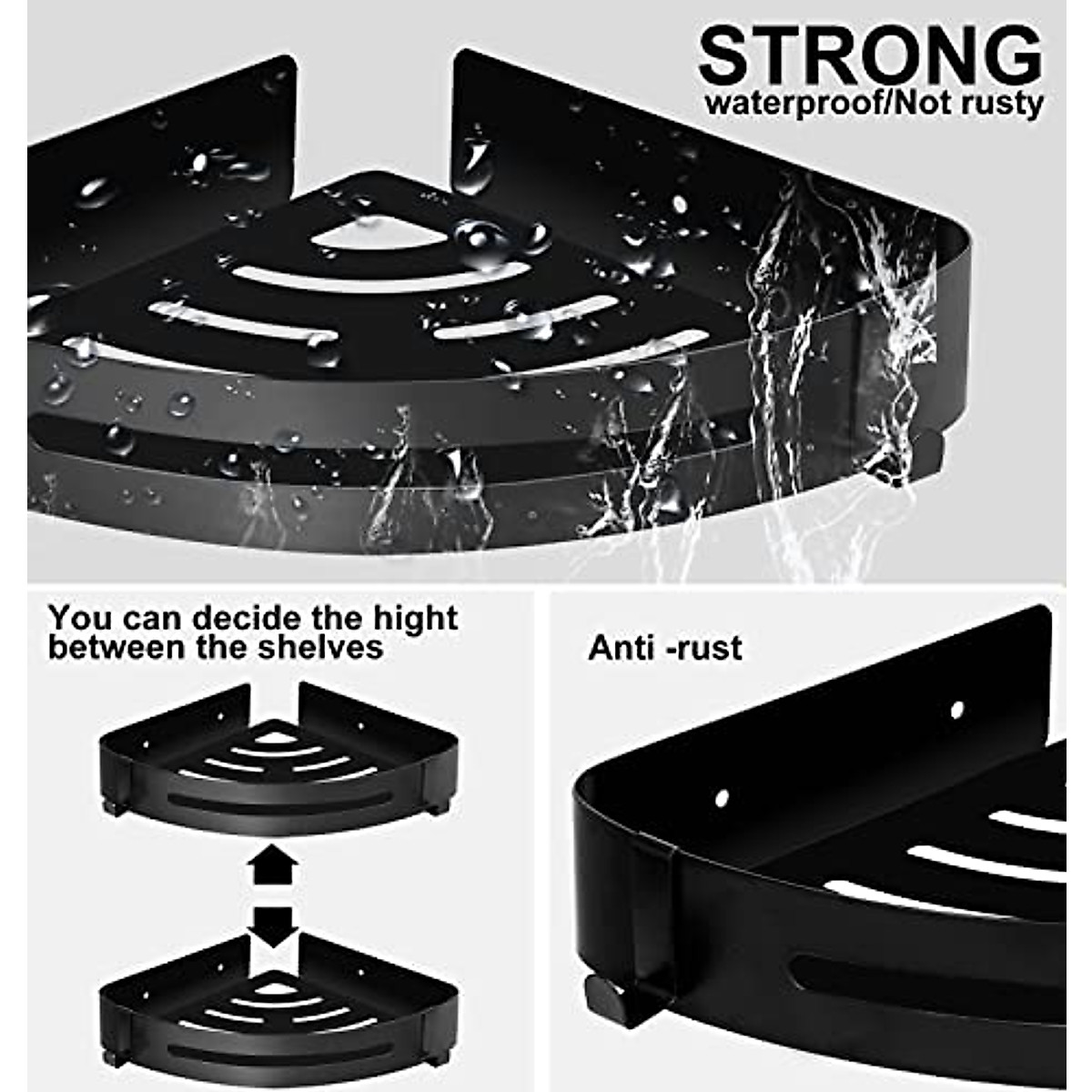 Shower Corner Shelf, Corner Caddy Bathroom Shower Shelf Wall Mounted 2 Pack, Adhesive No Drilling Kitchen Racks Shower Organizer for Bathroom,Kitchen,Toilet (Black)