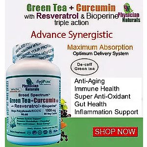 Physician Naturals Green Tea and Curcumin C3 with Resveratrol and Bioperine 1000 mg Supports Immune Joint and Colon Health