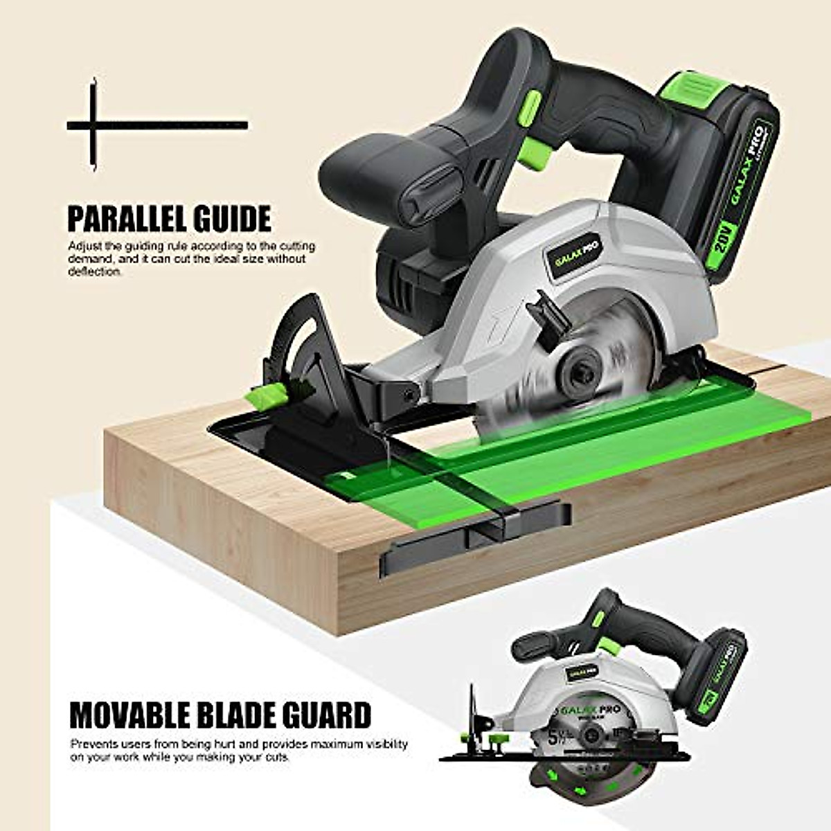 GALAX PRO DC-20V 5-1/2” Cordless Circular Saw with 2Pcs Blades (18T+48T), 3800RPM Variable Speed, Includes 2.0Ah Lithium Battery and Fast Charger, Max Cutting Depth 1-5/8”(90°), 1-7/16”(45°)